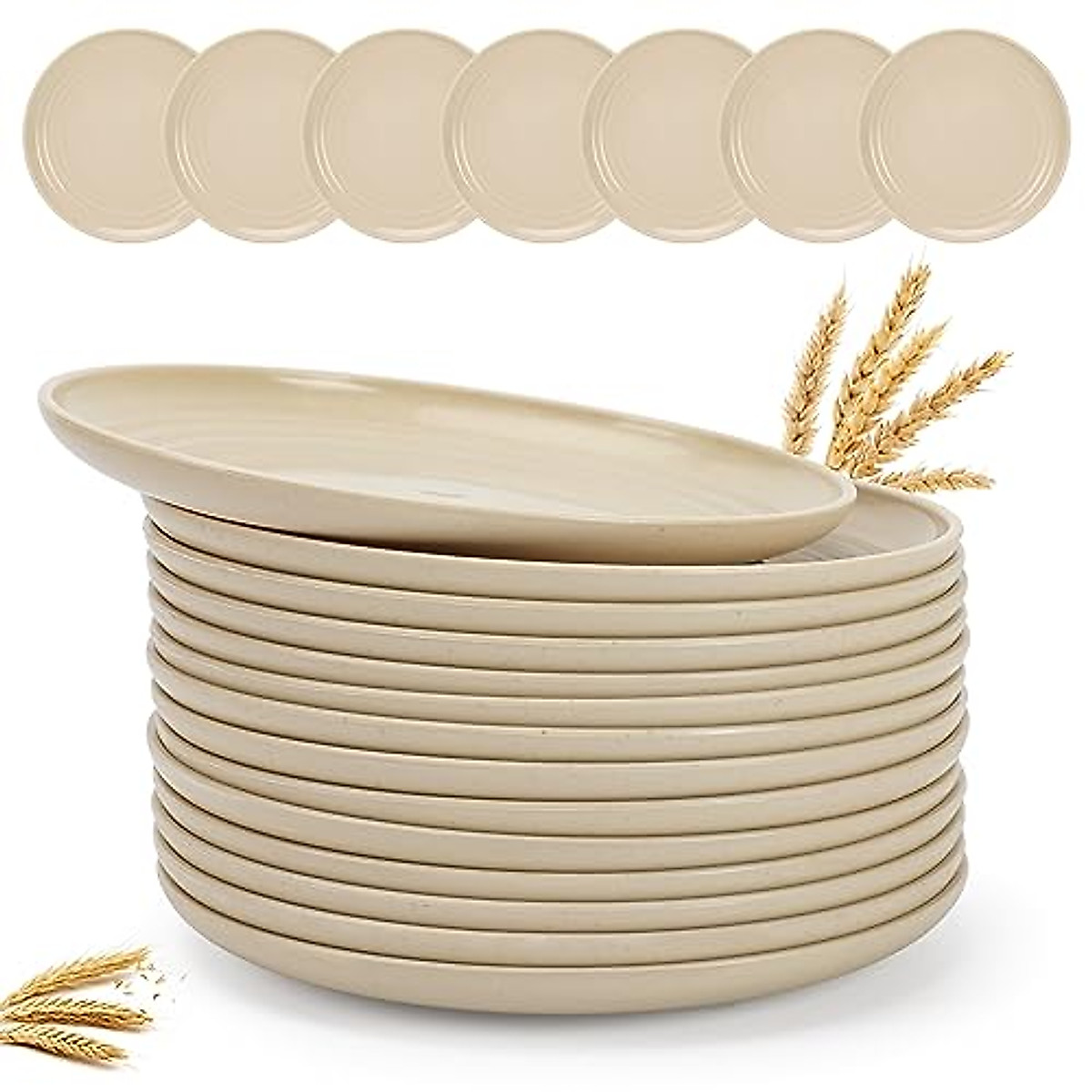 ZongXing Wheat Straw Plates, 14 Pack 6 inch Plastic Plates Reusable, Lightweight Unbreakable Dinner Plates Set, Healthy Cereal Dishes Dishwasher & Microwave Safe, Beige