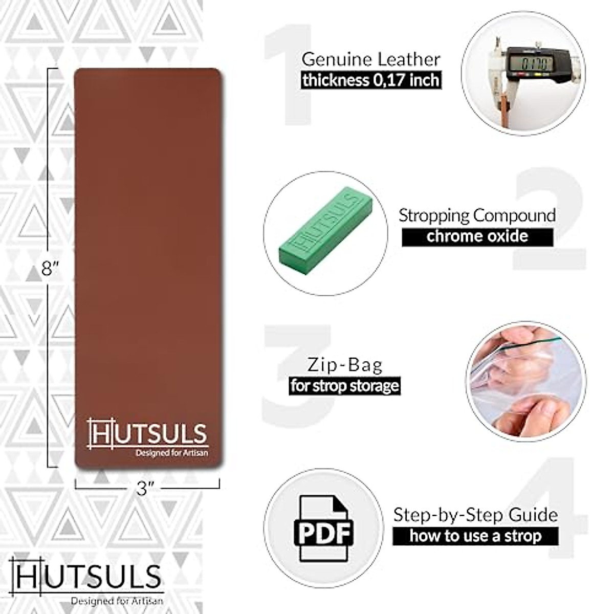 Hutsuls Brown Leather Strop with Compound - Get Razor-Sharp Edges with Stropping Kit, Green Honing Compound & Vegetable Tanned Two Sided Knife Sharpener Step-by-Step Guide Included