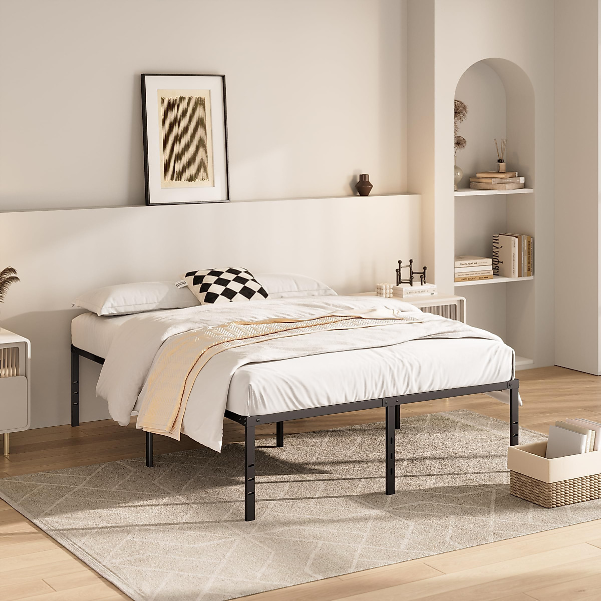 Jebosam Queen Bed Frame No Box Spring Needed 14 inch Heavy Duty Metal Platform Steel Support 2500 lbs Bed Frame Queen Size Non-Slip Noise Free Black Metal Bed Frame Queen Size