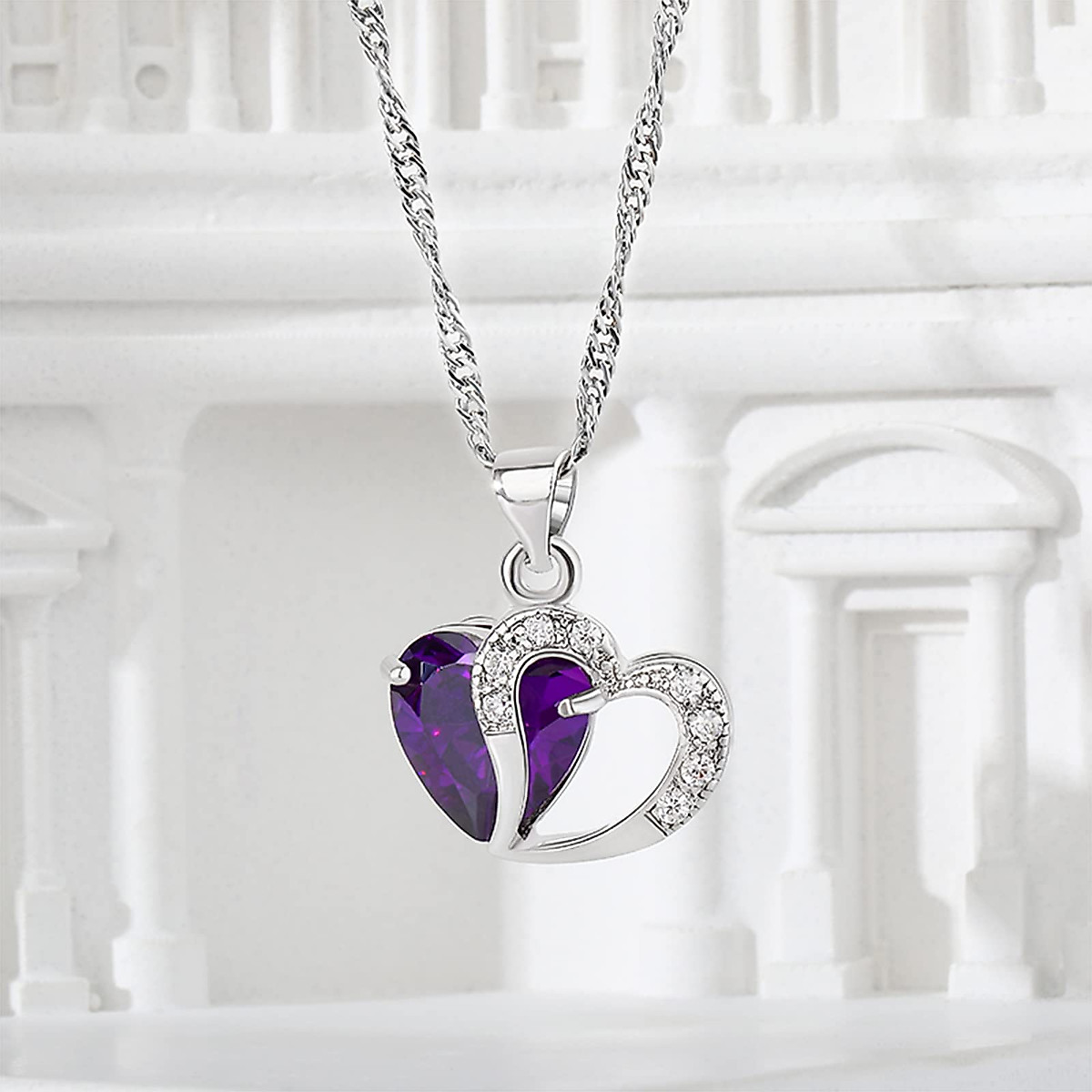 Jeulia 925 Silver Double Heart Pendant Necklace Amethyst Diamond Pendant with CZ Stone Romantic Jewelry Gifts for Her Mother’s day Aniversary Promise Gift (Silver) (Purple)