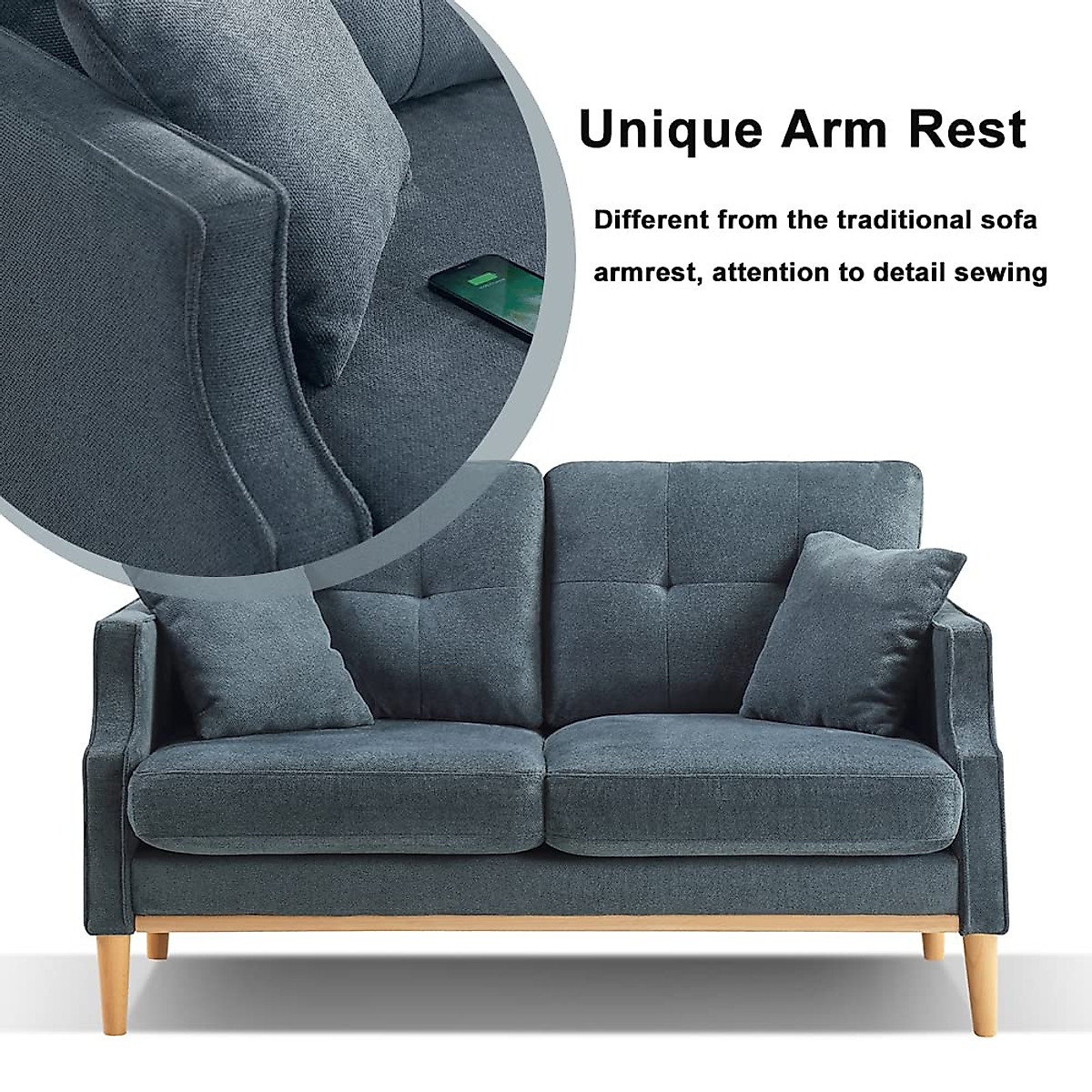 ARUGOU 56.7" W Loveseat Sofa, Love Seat Couch with USB Charge Port and 2 Pillows, Comfortable Thickness Cushion and Waterproof Fabric, Easy to Install 2 Seat Couches for Living Room, Bedroom (Blue)