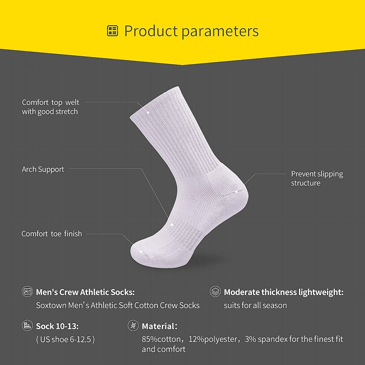 SOX TOWN Unisex Cushioned Crew Training Athletic Socks Men & Women with Combed Cotton Moisture Wicking Breathable Performance(White L)