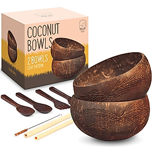 Coconut Bowls Set of 2 – Palm Leaf Design Wooden Bowls With Bamboo Straws, Wooden Forks & 2 Spoons – Natural Hand Carved Coconut Shell Bowl… (2, Palm Leaf)