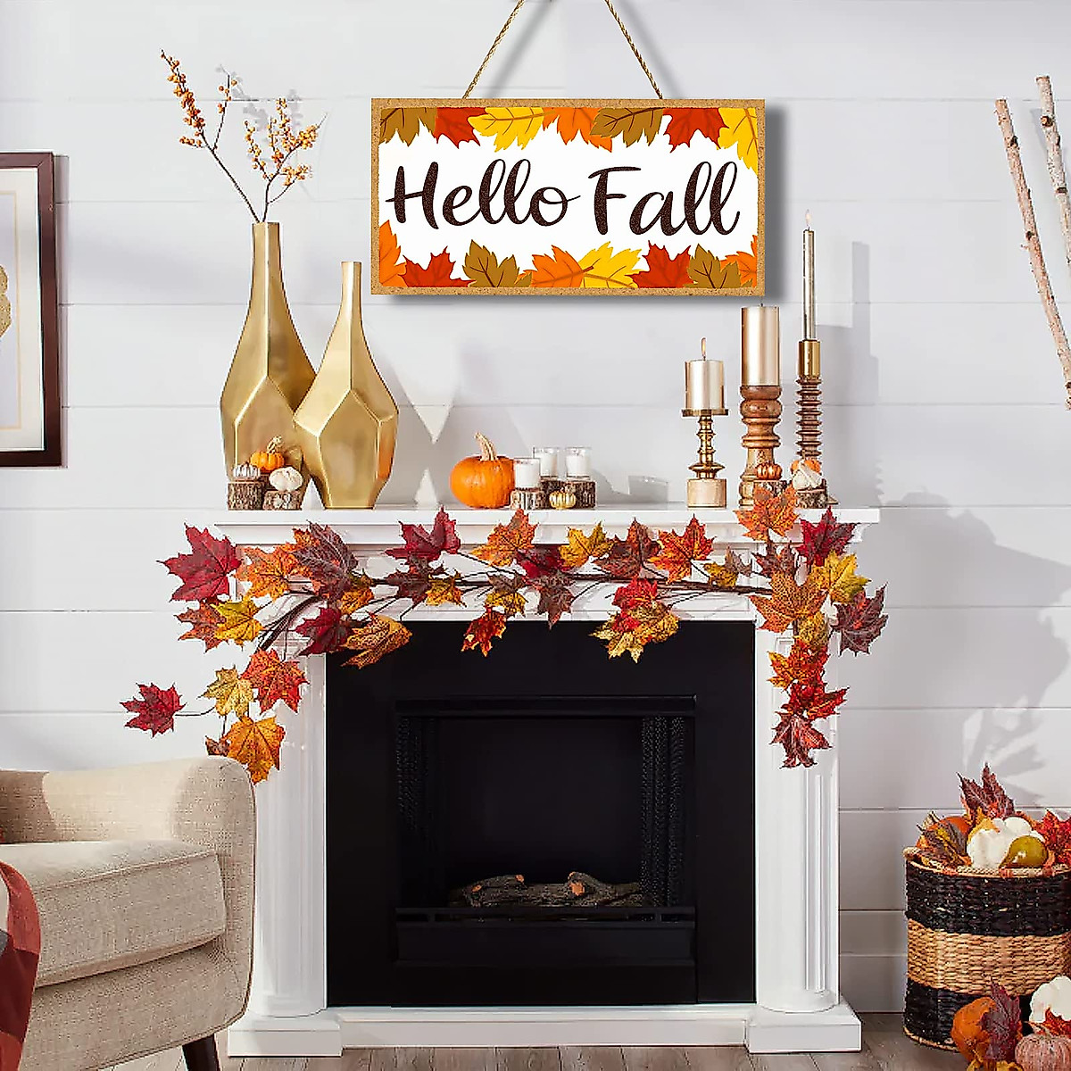 Hello Fall Sign Wall Decor 14" Autumn Harvest Thanksgiving Maple Leaf Sign Rustic Hanging Decorations in Home Art for Front Porch Door Plaque