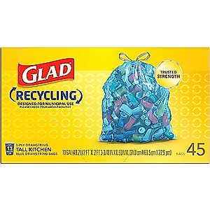 Glad Recycling Tall Drawstring Kitchen Trash Bags, Blue, 13 Gallon, 45 Count, Pack May Vary