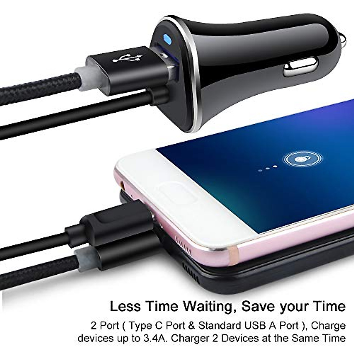 3.4A Car Charger Adapter for Samsung Galaxy S23/S22/S21 FE 5G/S20,A73 A53 A13 5G A72 A52 A32,Note 20/10, Google Pixel 7/6Pro/6/5/4,LG Stylo 6 5,Moto,G Fast,USB C Car Plug with 3ft Type C Charger Cable