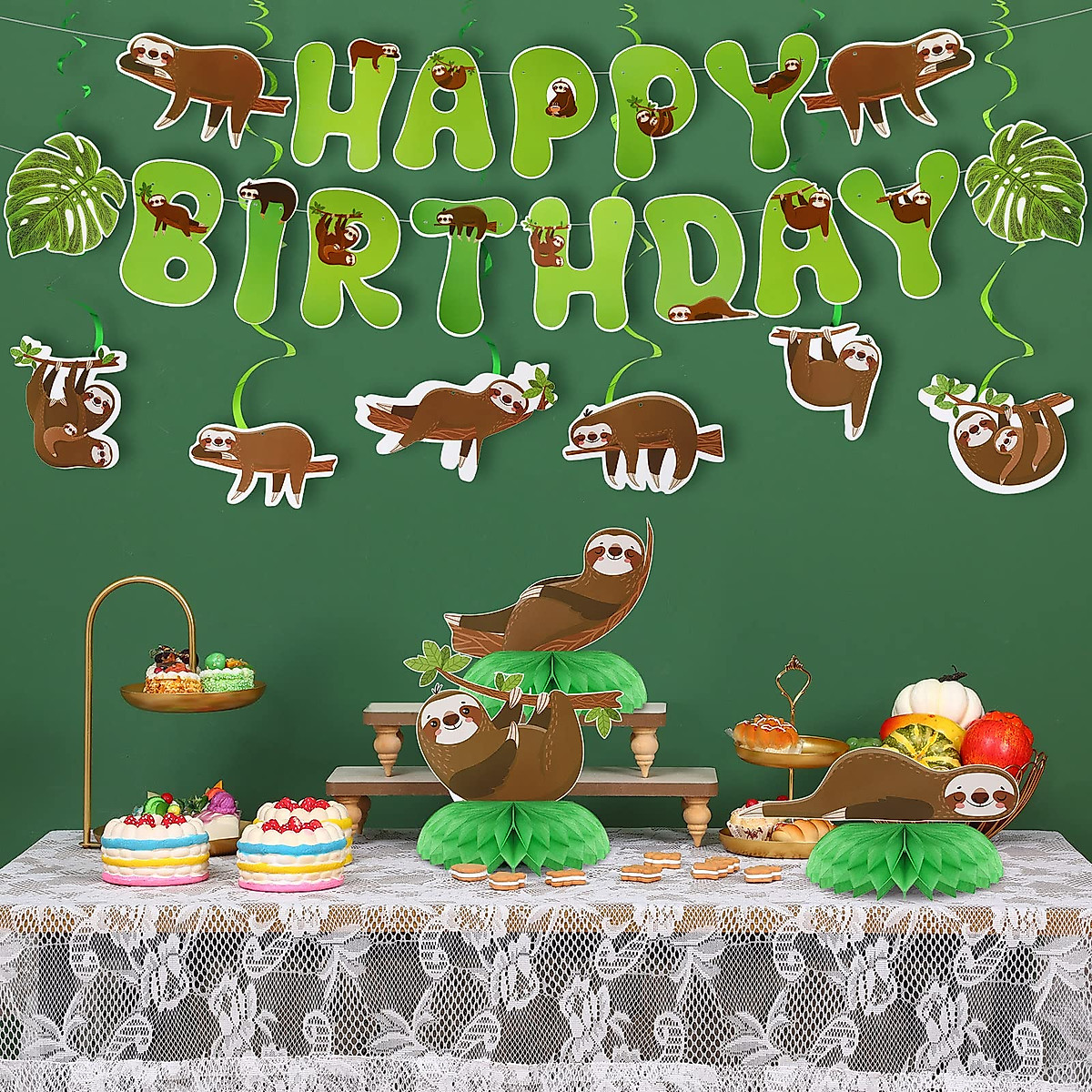 17 Pcs Dog Sloth Party Decorations and Supplies Including 2 Birthday Banner, 3 Honeycomb Centerpieces, 6 Hanging Swirls, 6 Hanging Card, Puppy Sloth Theme Birthday Party Favors (Sloth Style)