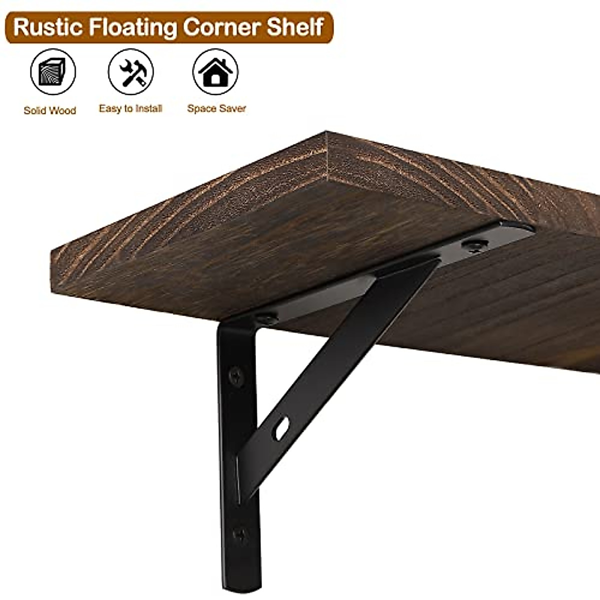 Corner Floating Shelves Set of 4, Wall Mounted Floating Corner Shelf, Rustic Wood Wall Storage Display Shelves for Living Room Bedroom Kitchen,Corner Floating Shelves for Wall(Rustic Brown)