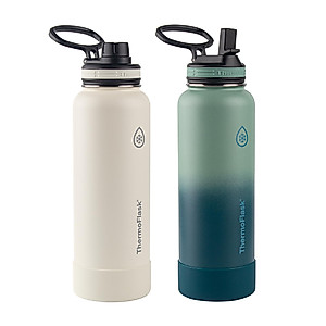Thermoflask 40oz Stainless Steel Insulated Water Bottles with Straw and Spout Lids, 2-pack, Off White/Glade Green