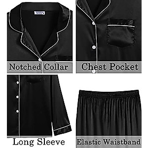 SWOMOG Womens Silk Satin Pajamas Long Sleeve Loungewear Two-piece Sleepwear Button-Down Pj Set Black