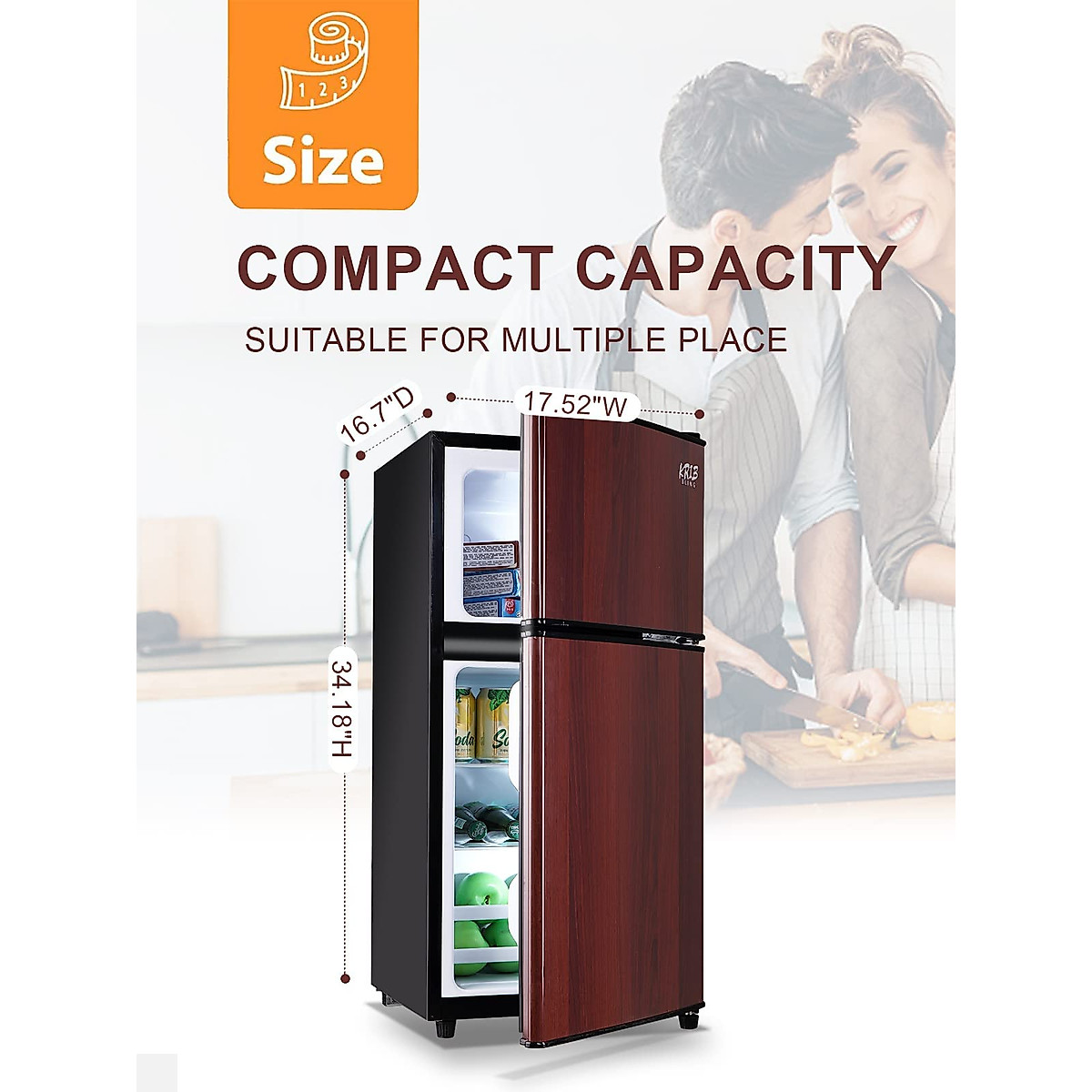 KRIB BLING Mini Fridge With Freezer,3.5 Cu. Ft Compact Refrigerator With 2 Doors,7- Level Adjustable Thermostat, Removable Glass Shelves For Bedroom, Office, Kitchen, Apartment, Dorm,Wood