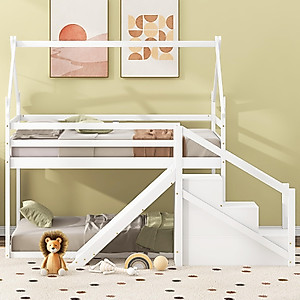 BestLM Twin Over Twin Wood House Bunk Bed with Slide and Storage Staircase, Twin Size House Loft Bed Frame with Roof and Safety Guardrails for Boys and Girls, White