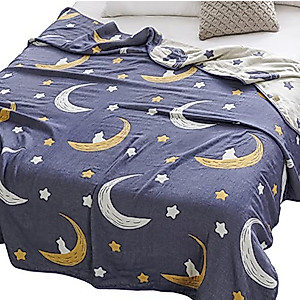 J-pinno Bright Moon Stars Muslin Blanket Reversible 100% Cotton 6 Layer Quilt Bed Blanket Soft Warm Throw Sofa Couch Toddler Kids Cartoon Travel Coverlet Sheet (Stars, Twin 56" X 76")