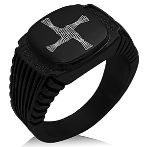 Black IP Plated Stainless Steel Celtic Saint Brigid Cross Engraved Black Cubic Zirconia Ribbed Needle Stripe Pattern Biker Style Polished Ring, Size 9