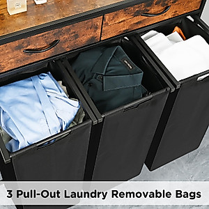 Laundry Sorter 3 Section, Laundry Hamper with Shelf and 2 Drawers, 180L Laundry Basket, laundry Organizer Cart, Pull-Out and Removable Oxford Fabric Laundry Bags,Rustic Brown and Black