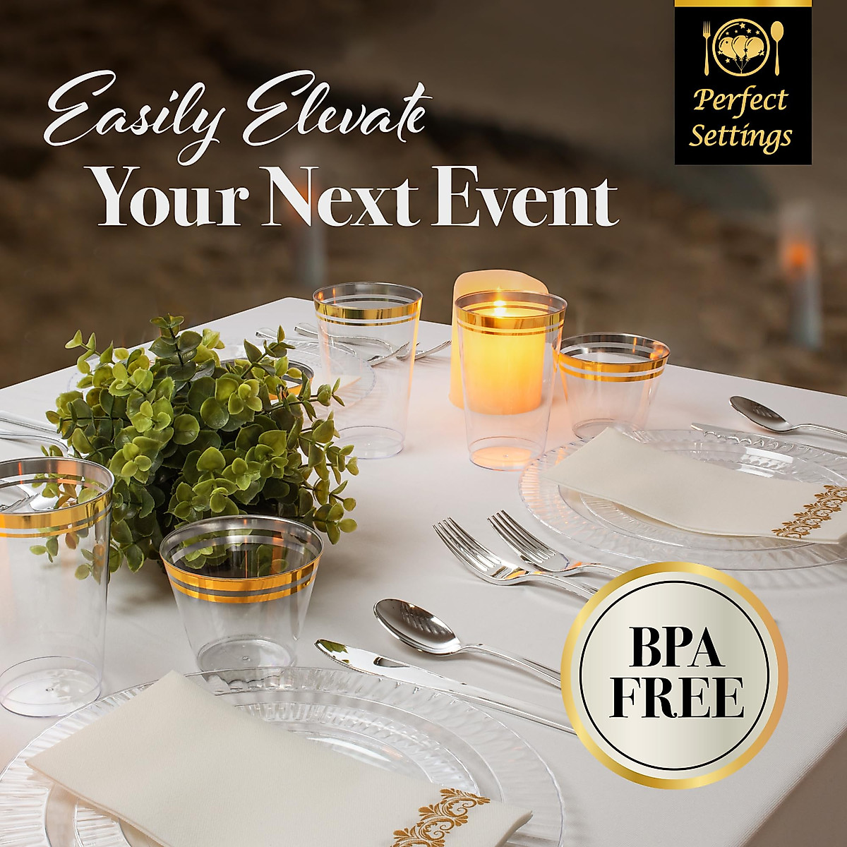 Perfect Settings 100 Premium Hard Plastic Cups Clear Plastic Double Colored Rimmed Cups Fancy Disposable Wedding Cups Elegant Party Cups with Twin Colored Rim (Clear Gold Rim, 16)