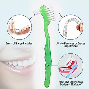 4 Pieces Denture Brush, Small Toothbrush for Dentures, Multi-Layered Bristles Ergonomic Rubber Handle for False Teeth Cleaning