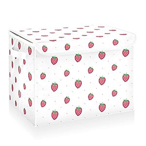 CaTaKu Small Cute Strawberry Storage Bins with Lids Fabric Large Storage Container Cube Basket with Handle Decorative Storage Boxes for Organizing Clothes Shelves
