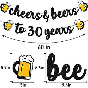 30 Birthday Banner Cheers to 30 Years Decorations for Men Women Him Her Happy Thirty Birthday Anniversary Party Supplies Black Glitter PRESTRUNG