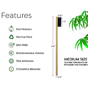 ECOETBOO Bamboo Toothbrushes Medium Bristles for Adult, 20 Pack Family Bulk Toothbrushes Set Natural Organic Wooden Tooth Brush Charcoal Wood Handle Tooth Cleaning Brush