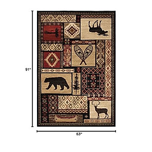 Rustic Lodge Bear Moose Deer Panel 5x8 Red Area Rug, 5'3"x7'7" 6913