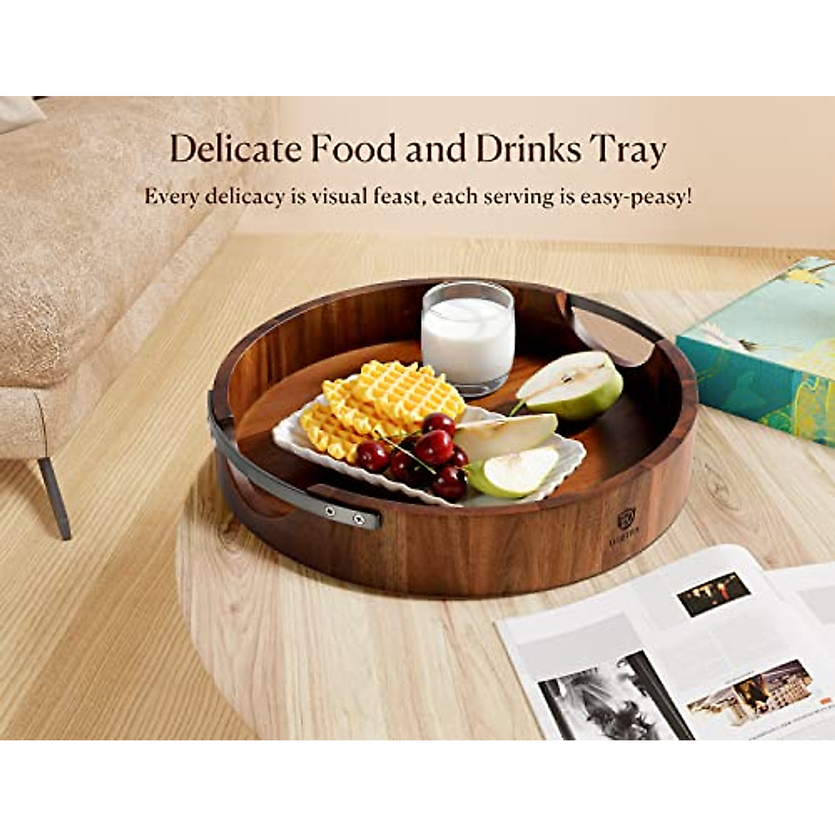 Dofira Acacia Wood Serving Tray with Metal Handles, 14" Round Food Drinks Tray for Coffee Table, Breakfast, Dinner & Bar, Rustic Decorative Storage Tray for Ottoman, Kitchen, Bedroom (Gift Packaging)