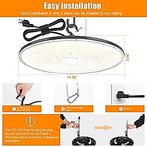NUOGUAN UFO LED High Bay Light 300W 42,000lm(1500W HID/HPS Equiv) 5000K Up and Down Lighting with US Plug 6'Cable AC120V IP65 Commercial Warehouse Lighting Fixture for Workshop, Garage, Factory