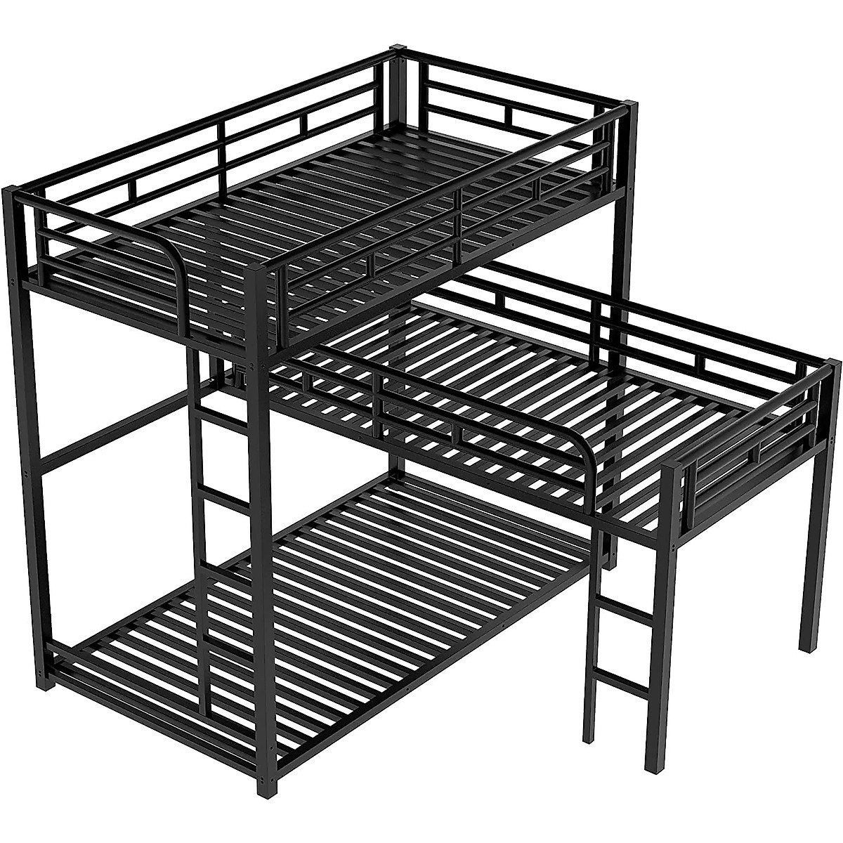 DNYN Twin Over Twin Triple Bunk Bed,L-Shaped Metal Bunkbeds with Safety Guardrails & Ladder,3 in 1 Sturdy Steel Bedframe,No Box Spring Needed & Space Saving Deisn, Black