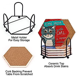 ONENAX Drink Coaster with Holder, 7 Pcs Set Beverage Coaster, Cat Pattern Hexagon Style Coaster for Tabletop Protection, Ceramic Top and Cork Backing. Gift Idea