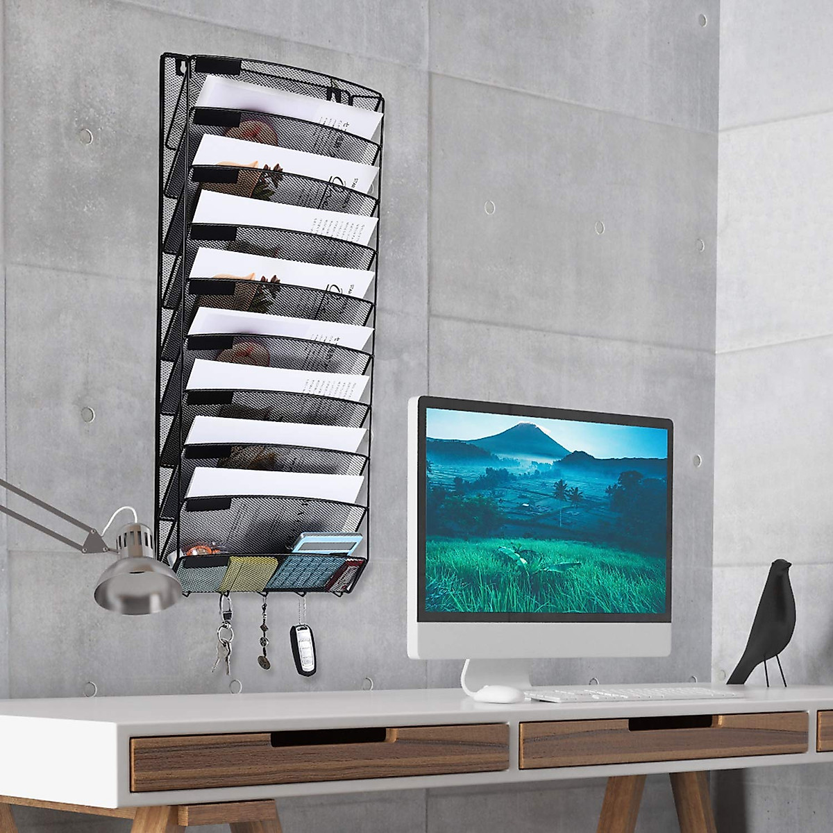 Samstar 10 Pocket Hanging Wall File Organizer Wall Mount Paper Folder Holder Letter Rack, Magazine Rack,Mesh Metal, Black.