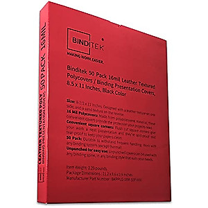Binditek 50 Pack 16mil Leather Textured Polycovers - Binding Presentation Covers for Business Reports and Proposals 8-1/2 x 11 Inches,Black Binding Back Covers