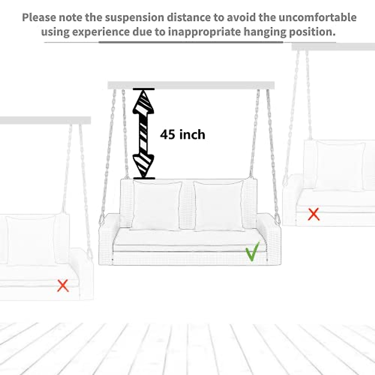 FANYE Outdoor PE Wicker Swing Chains, Pillows for Garden, Backyard, Pond Porch Furniture Set, 2 Seaters Double Rattan Cushioned Conversation Hanging Sofa & Couch, Brown+Beige