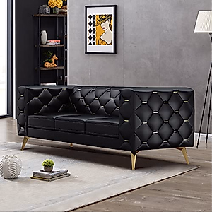 Chesterfield Sofa, 84'' Leather Upholstered 3 Seater Couch with Square Arms and Tufted Back, Mid-Century Modern Sofa with Metal Buckle and Metal Legs Decor for Living Room, Office, Bedroom