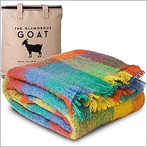Mohair Wool Throw Blanket - 55% Mohair 34% Wool, Ultra Soft and Fluffy, Warm and Cosy Ethically-sourced Mohair and Wool Throw. 71” x 51”. Hemp Carrier Bag Included (Otago Spring)