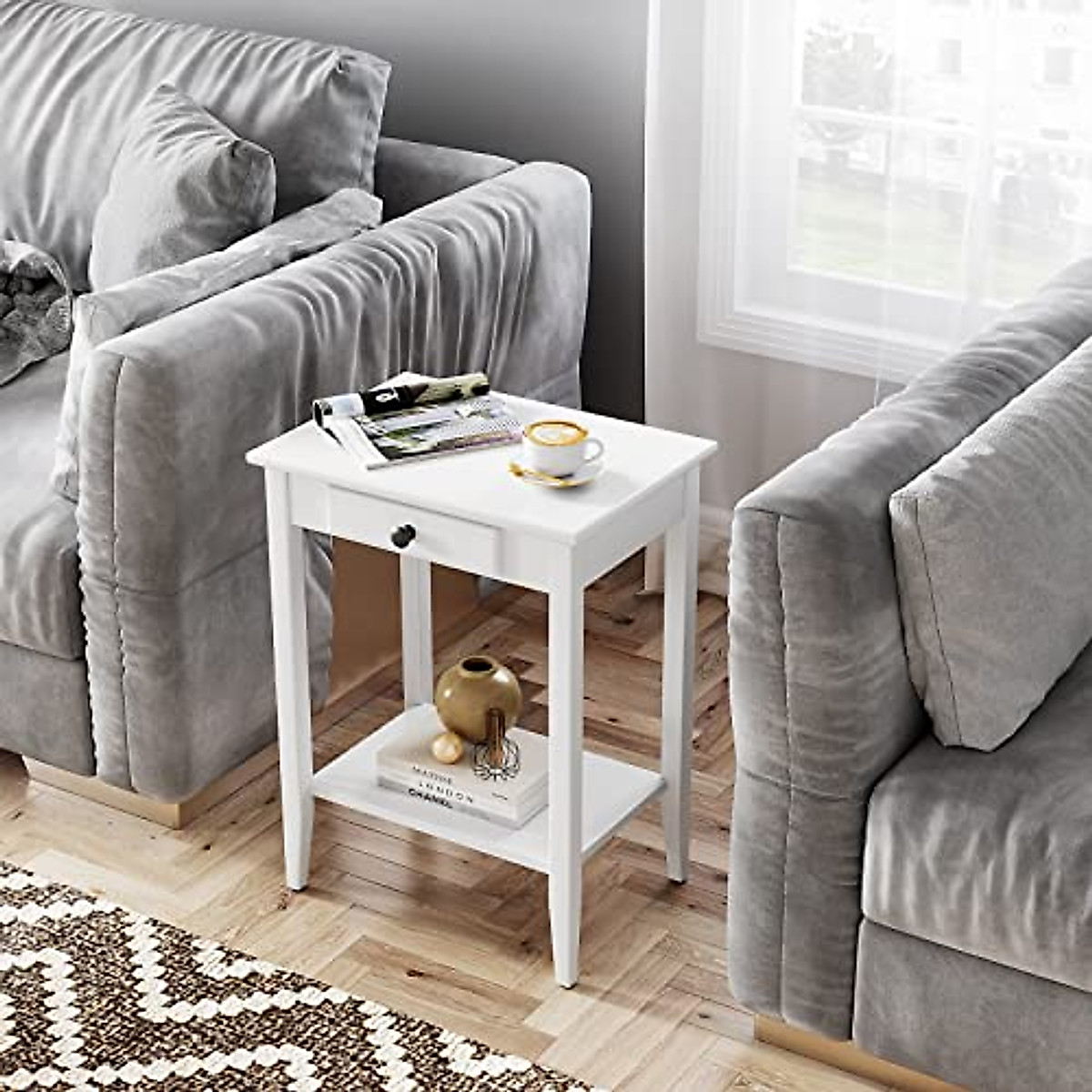 Amyove White End Table Narrow Bedside Table Side Tables with Storage Shelves Small Table Wood Night Stand for Bedroom, Nursery Living Room, Easy Assembly