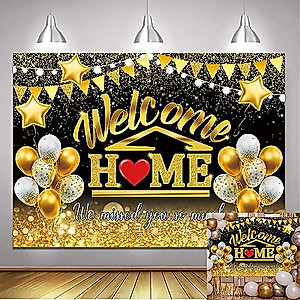 Welcome Back Backdrop Home Decorations Black Gold Homecoming Welcome Party Decor Banner We Missed You So Much,for Family Party Military Homecoming Returning Party Supplies (7x5)