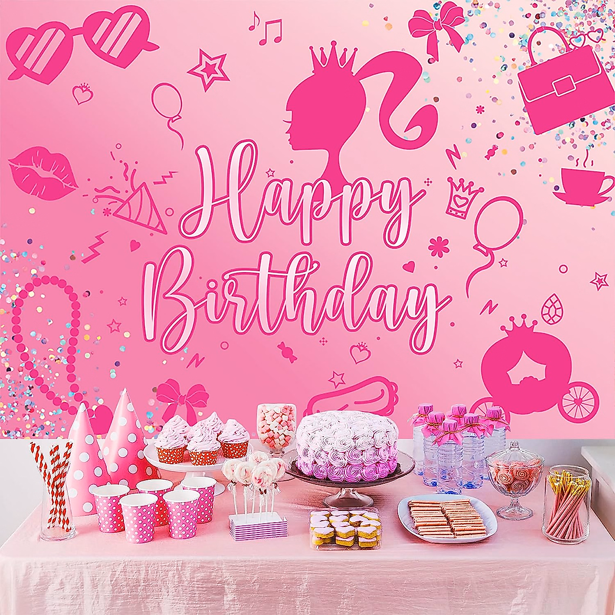 Pink Diamond Sequins Princess Happy Birthday Backdrop Girl Birthday Ball Party Banner Decoration Background Pink Room Birthday Party Photography (5x3FT(150x90cm))