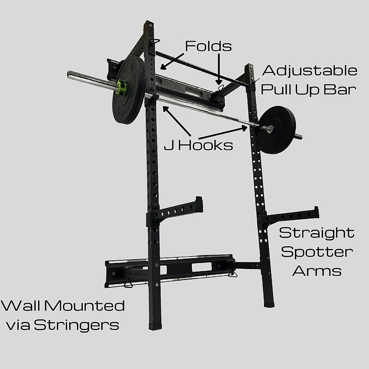 HulkFit Pro Series Wall Mounted Folding Power Rack Cage with J Hooks and Height Adjustable Pull Up Bar - Black