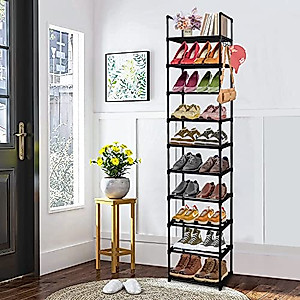 Narrow Tall Shoe Rack, 10 Tiers Metal Tall Vertical Shoe Rack for Closet Entryway 20-24 Pairs Shoe Shelf Shoe Stand Tower, Black Sturdy Free Standing Shoe Rack Organizer