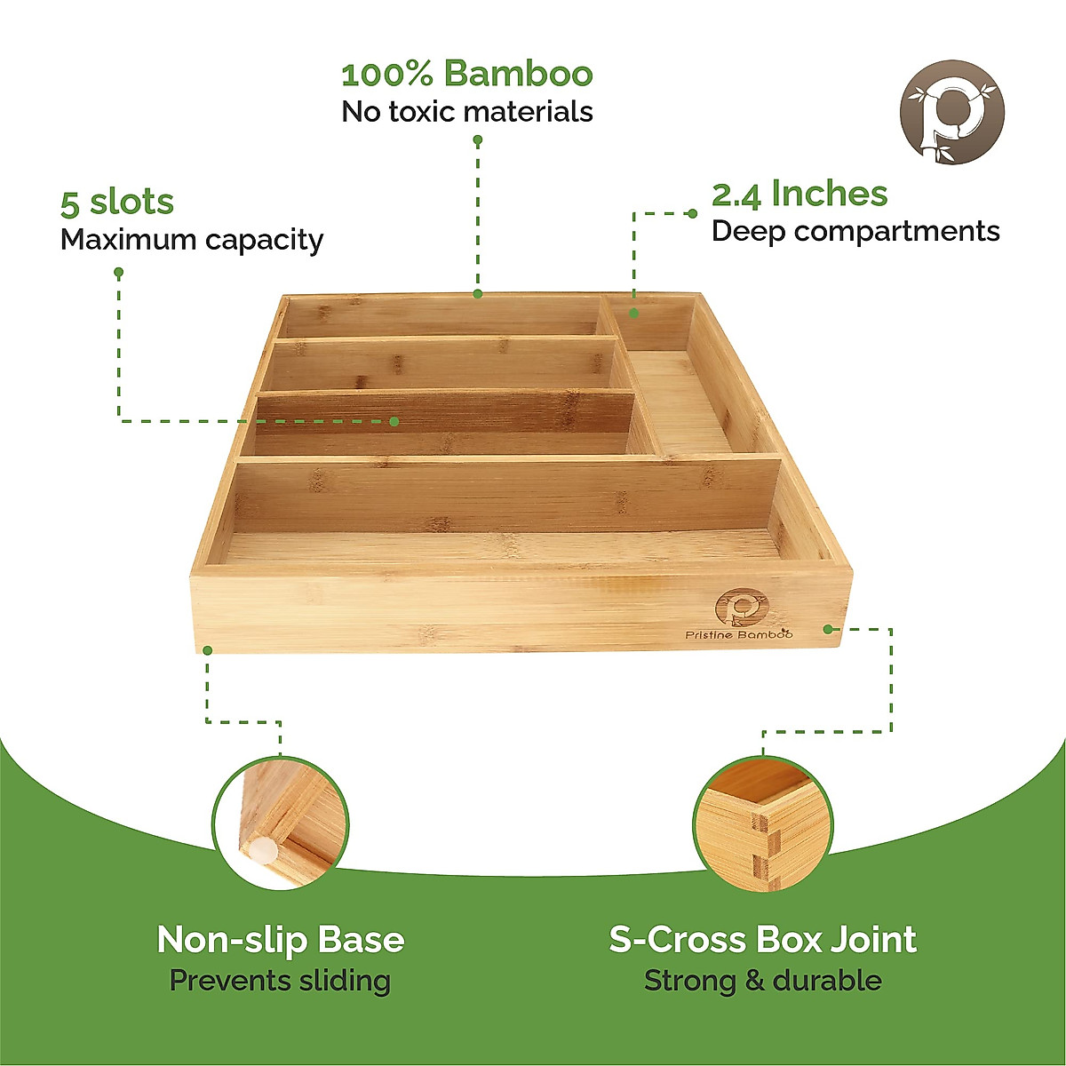 Pristine Bamboo Silverware Organizer– Utensil Organizer for Kitchen Drawers – Small Extra-Deep Wooden Kitchen Drawer Organizer Divider for Spoons Forks Knives cutleries
