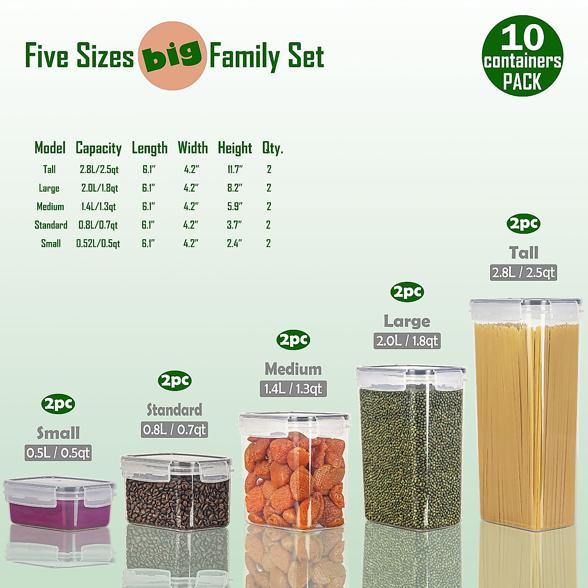 Airtight Food Storage Containers with Lids Set 10 Pack, Clear Plastic Pantry & Kitchen Organizers and Storage for Cereal Flour Pasta Snacks Sugar & Dry Food, BPA Free, with multiple Labels & Spoons