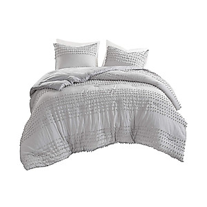 Comfort Spaces Cotton Comforter Set Jacquard Pom-Pom Tufts Design, Down Alternative, All Season Modern Bedding, Matching Shams, Full/Queen, Phillips, Grey, 3 Piece