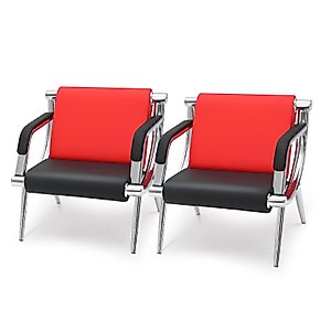 Walmokid Waiting Room Chairs with Armrest, PU Leather Office Furniture, Lobby Conference Reception Chairs, Office Guest Seating for Clinic,Airport,Hospital,Barber,Salon,Bank(Red&Black, 2)