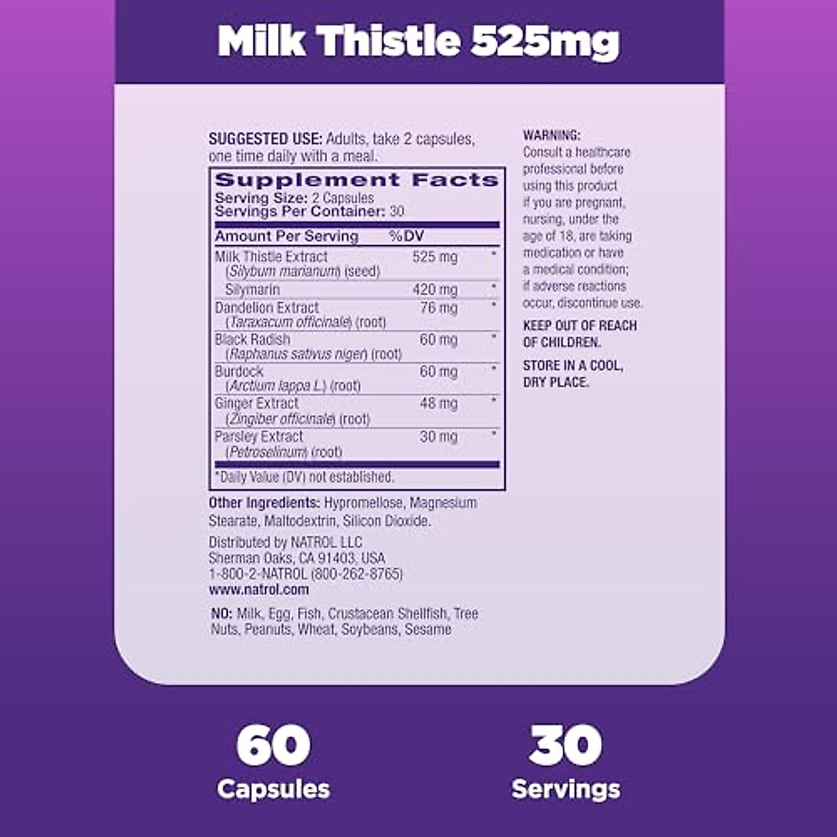 Natrol Milk Thistle 525 mg per serving, Dietary Supplement for Digestive Health, Milk Thistle Supplement, 60 Capsules, 30 Day Supply