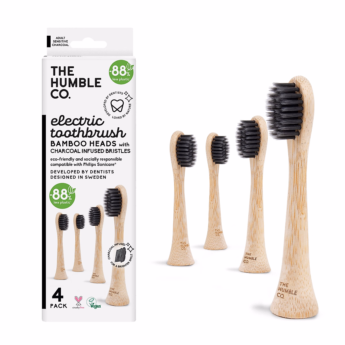 The Humble Co. Electric Toothbrush Replacement Heads 4pk – Sustainable BPA-Free Electric Toothbrush Heads Made from Bamboo, Bad Breath and Plaque Remover, Philips Sonicare Compatible (Charcoal)