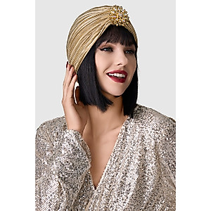 BABEYOND Women's Turban Hat with Crystal Vintage Head Wrap Knit Pleated Turban (Gold)