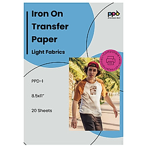 PPD Inkjet Premium Iron-On White and Light Colored T Shirt Transfers Paper LTR 8.5x11” Pack of 20 Sheets (PPD001-20)