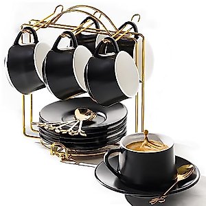 Lareina Espresso Cups with Saucers, Spoons and Metal Stand, Small 4 oz Ceramic Cappuccino Coffee Cups Set of 6, Cute Demitasse Cups with Handle for Nespresso Lungo, Double Espresso, Cortado(Black)