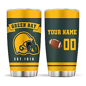 Custom Green Bay Tumbler 20oz Stainless Steel with Lid &amp; Straw Personalized Football Fans Gifts for Women Men Travel Cup Insulated Tumbler Add Name Number