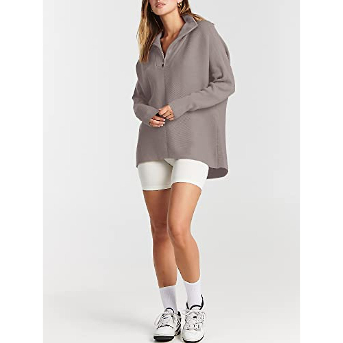 ANRABESS Women's Oversized Half Zip Sweaters 2023 Fall Quarter Zip V Neck Collared Long Batwing Sleeve Casual Loose Baggy Slouchy High Low Hem Knit Wram Tunic Sweater Winter Trendy 758hongxing-M